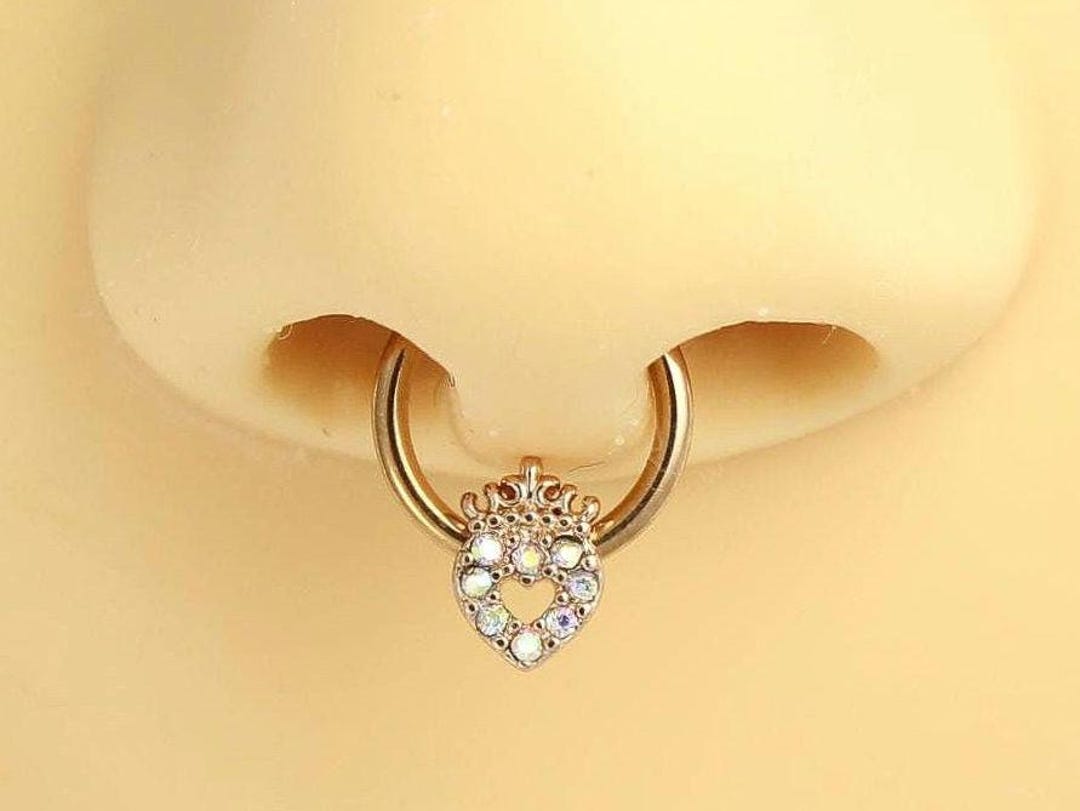 16G Rose Gold Multicolor Gem Heart Septum Ring Hoop, Sparkly Gem Heart ...