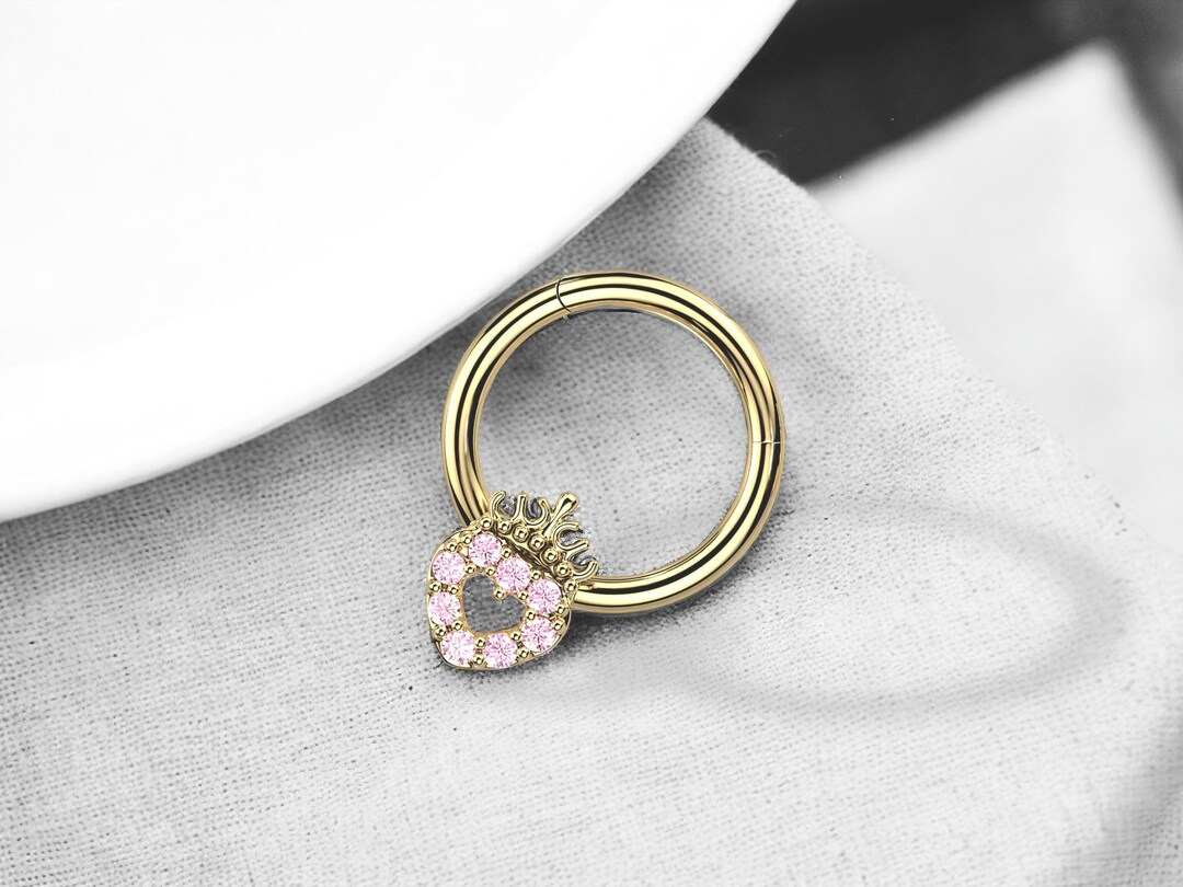 16G Gold Pink Heart Septum Ring Hoop, Sparkling Gem Pink Heart Crown ...