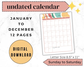 Printable Undated Monthly Calendar - Etsy UK