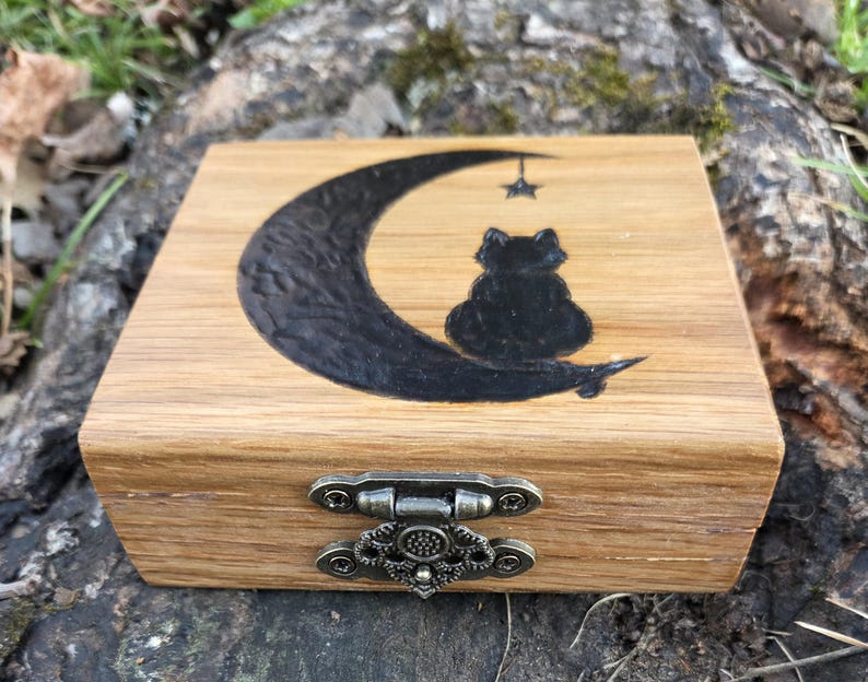 Obsidian Scrying Mirror With Handmade White Oak Wood Box, Cat & Moon ...