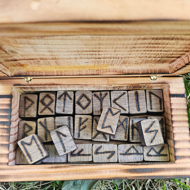 Walnut Wood Elder Futhark Runes, Wood Box, Viking Runes, Witchcraft ...