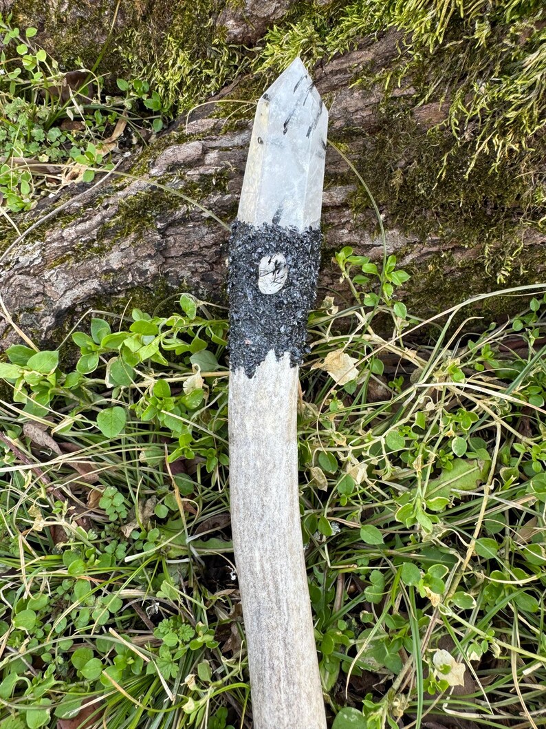 Quartz Black Tourmaline Wand Handmade Deer Antler Ritual Tool for ...