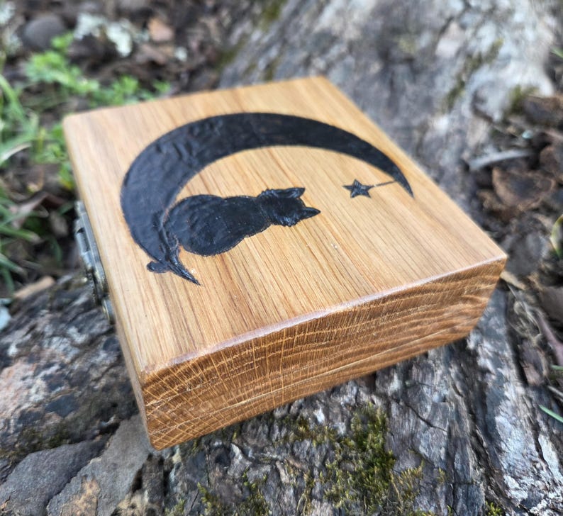 Obsidian Scrying Mirror With Handmade White Oak Wood Box, Cat & Moon ...