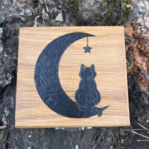 Obsidian Scrying Mirror With Handmade White Oak Wood Box, Cat & Moon ...