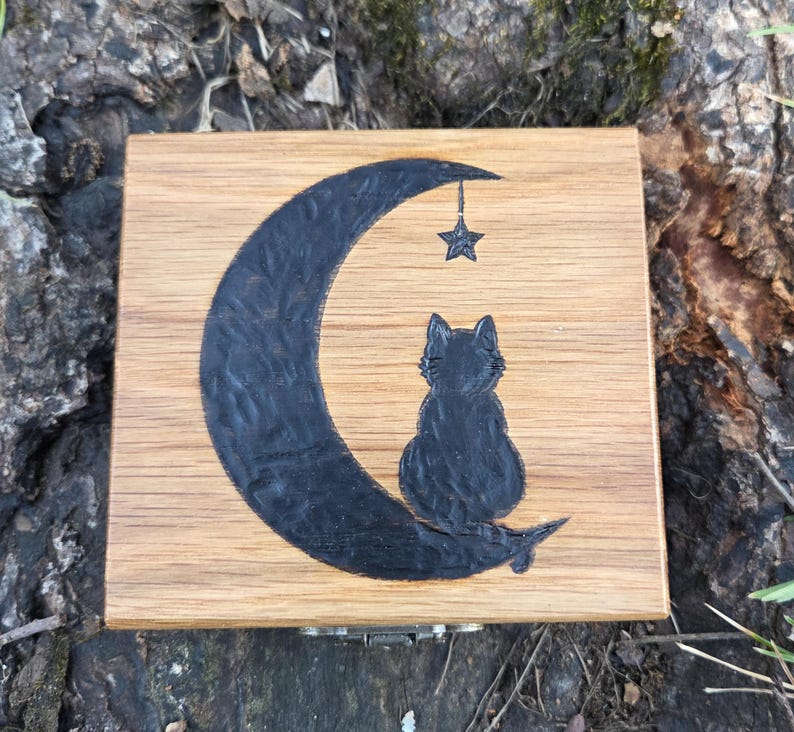 Obsidian Scrying Mirror With Handmade White Oak Wood Box, Cat & Moon ...