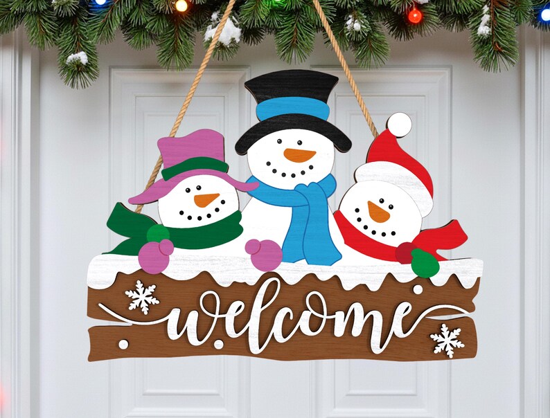 Snowman Family Welcome Door Hanger | 3D Wooden Christmas Sign With Trio ...