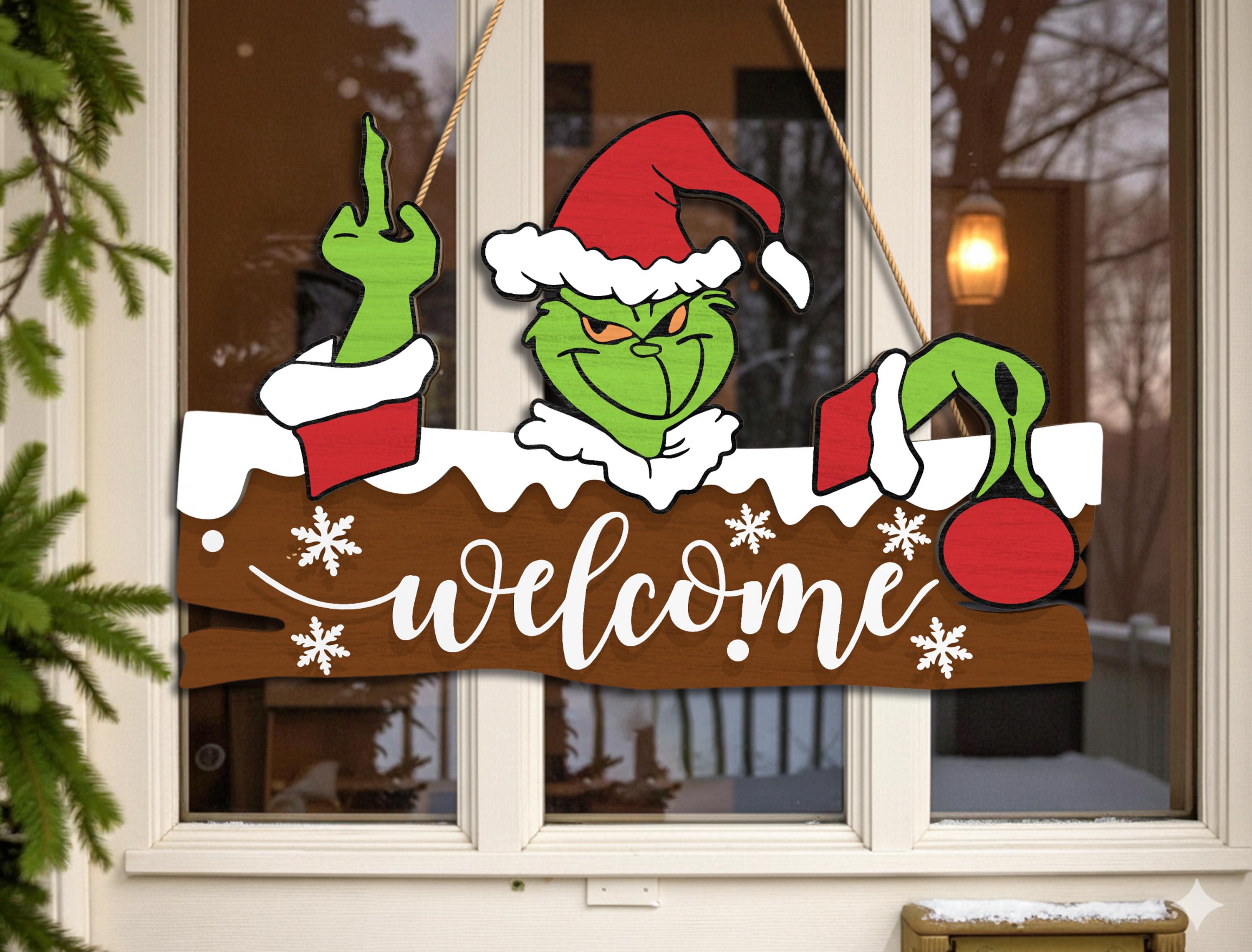 Christmas Door Hanger | Grinch Welcome Sign | Funny Green Cartoon ...
