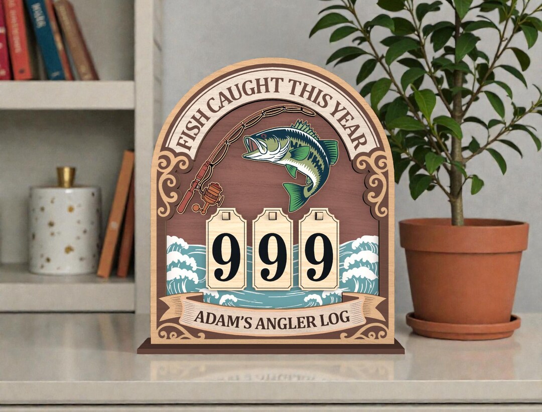 Custom Angler Fishing Counter, Personalized Fish Caught Tracker Wooden ...