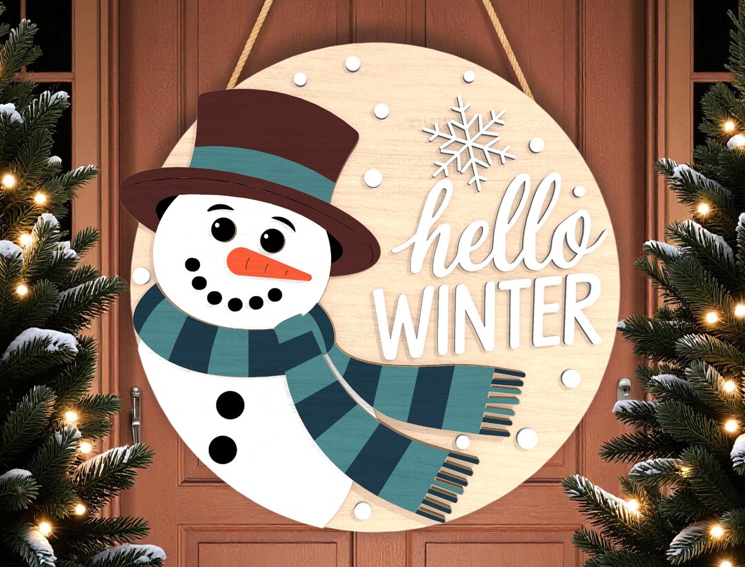 Hello Winter Snowman Sign |christmas Door Hanger | Rustic Wooden ...