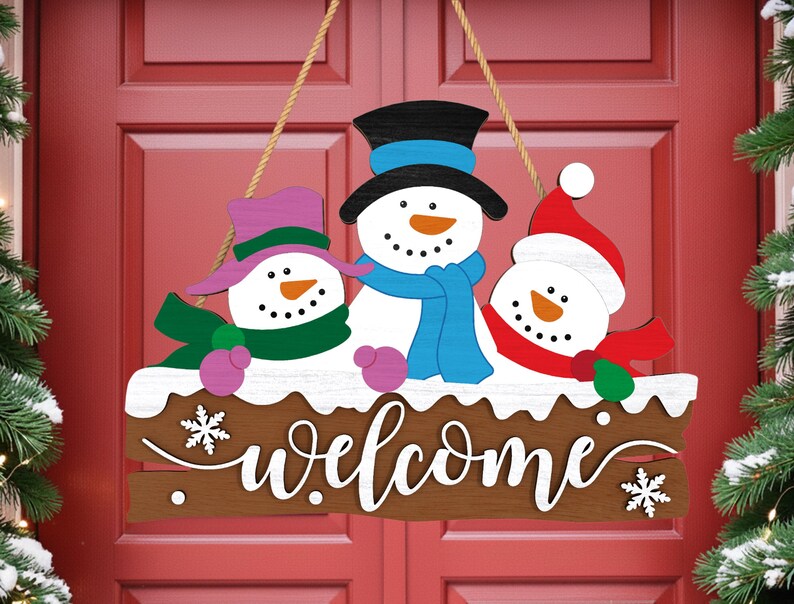 Snowman Family Welcome Door Hanger | 3D Wooden Christmas Sign With Trio ...