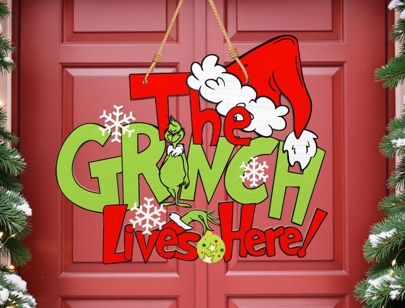 Christmas Door Hanger | the Grinch Lives Here Quote Sign | Wooden Sign ...