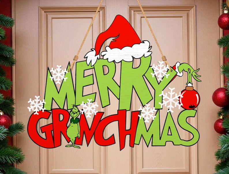 Christmas Door Hanger | Merry Grinchmas Quote Sign With Santa Hat ...