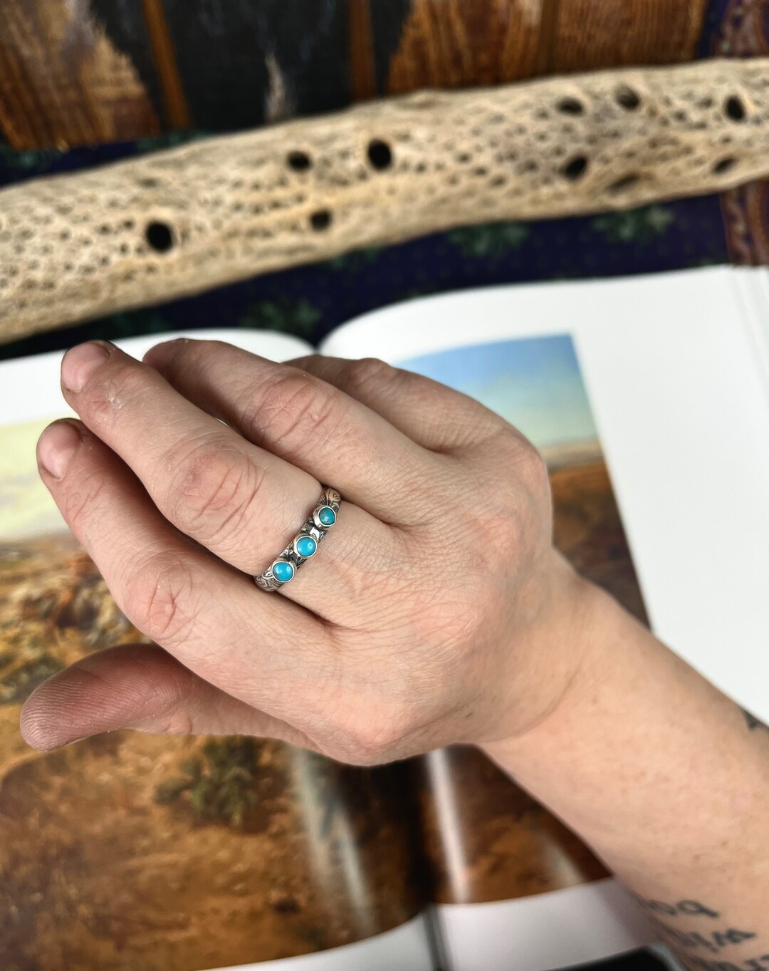 Triple Turquoise Floral Pattern Sterling Silver Stacking Ring ...