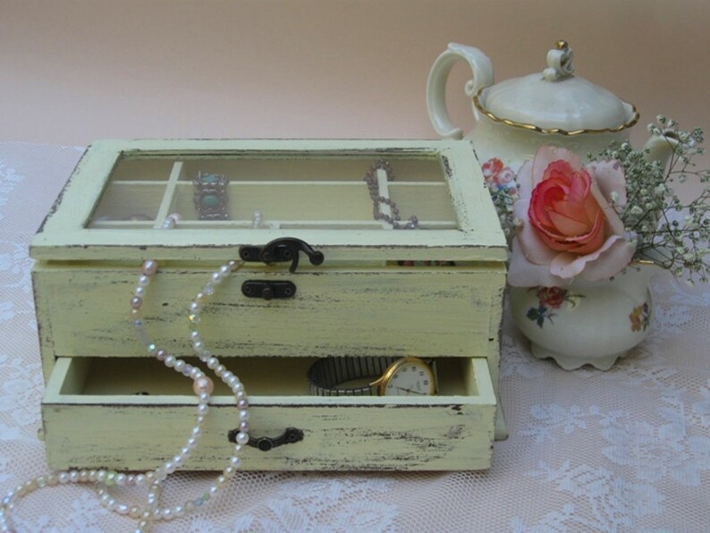 Light Yellow Wooden Jewelry Box shabby Chic Home - Etsy