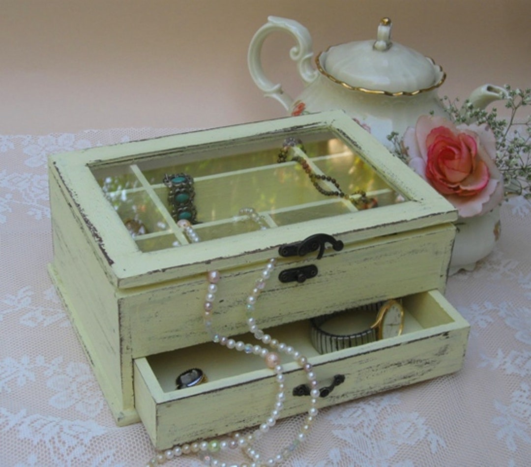Light Yellow Wooden Jewelry Box "shabby Chic" Home Decor, Jewelry ...