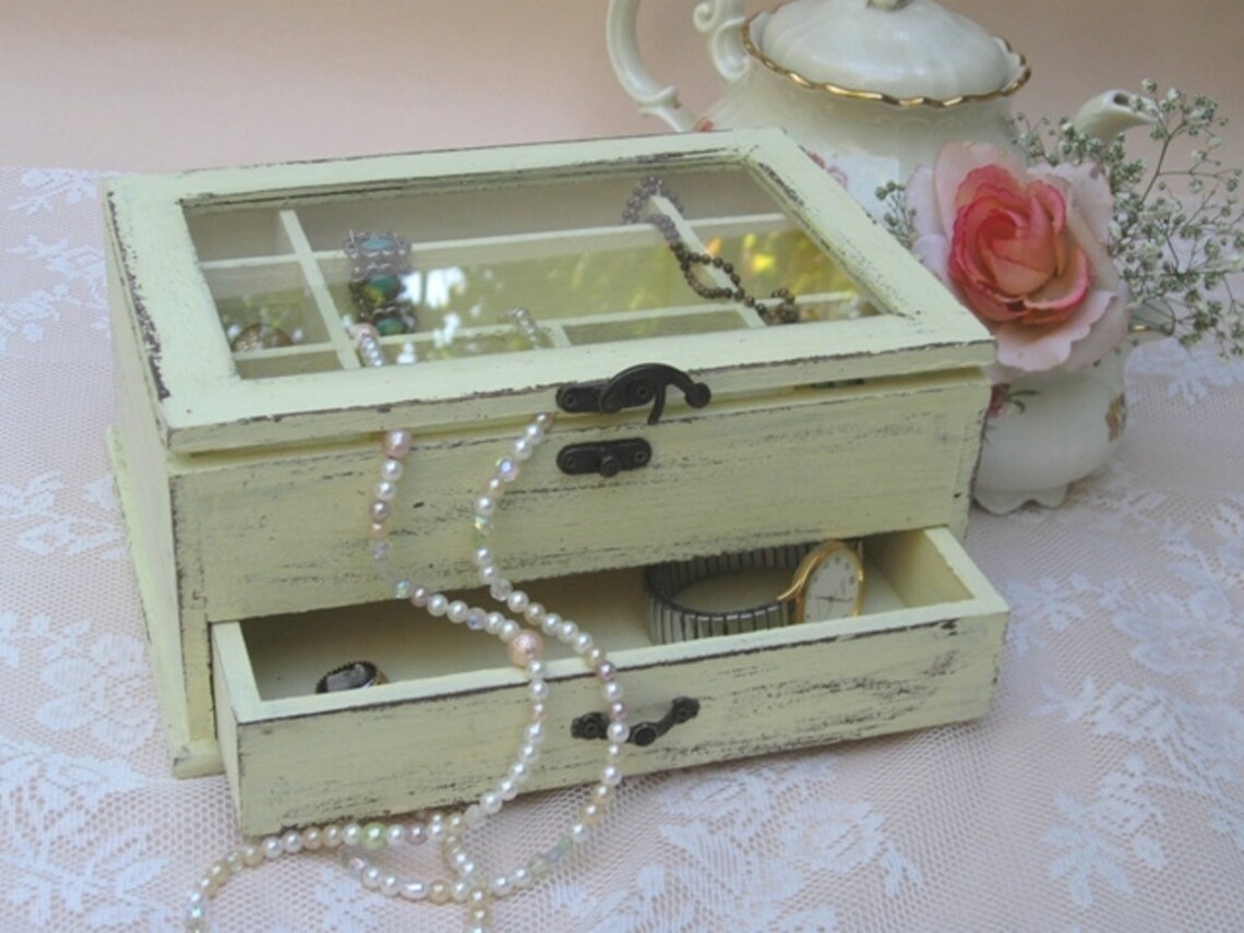Light Yellow Wooden Jewelry Box shabby Chic Home - Etsy