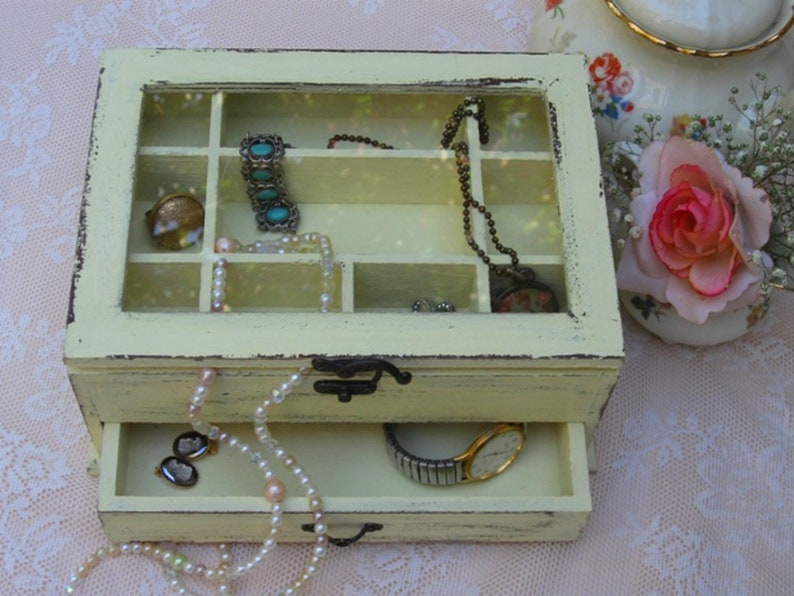 Light Yellow Wooden Jewelry Box shabby Chic Home - Etsy