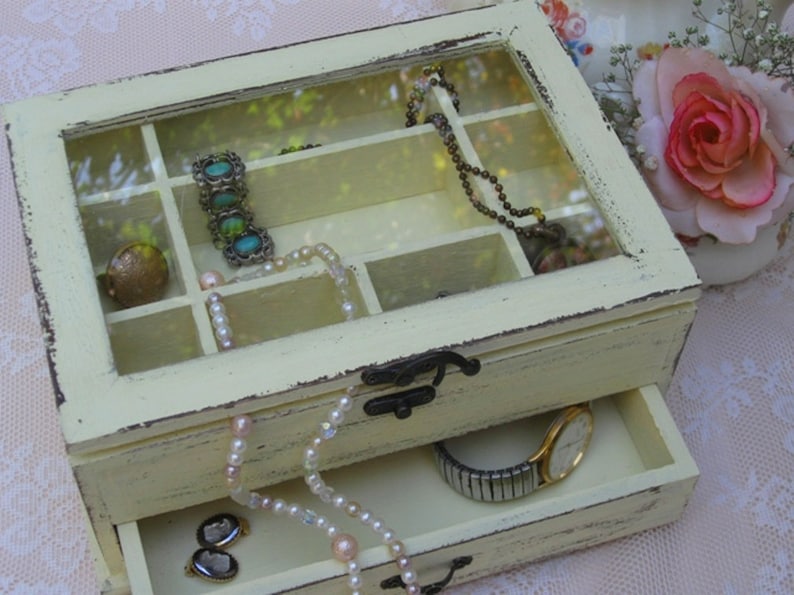 Light Yellow Wooden Jewelry Box shabby Chic Home - Etsy
