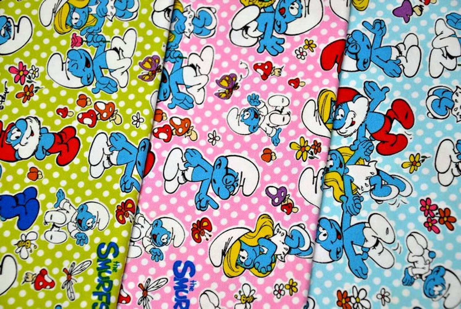 48cm (18") Japanese Cotton Fabric Smurfs Pitufo Peyo Polka Dots 3 ...
