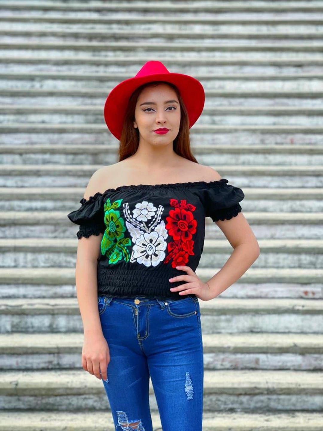 Tricolor Embroidered Mexican Top Blouse. Floral Mexican Handmade Blouse ...