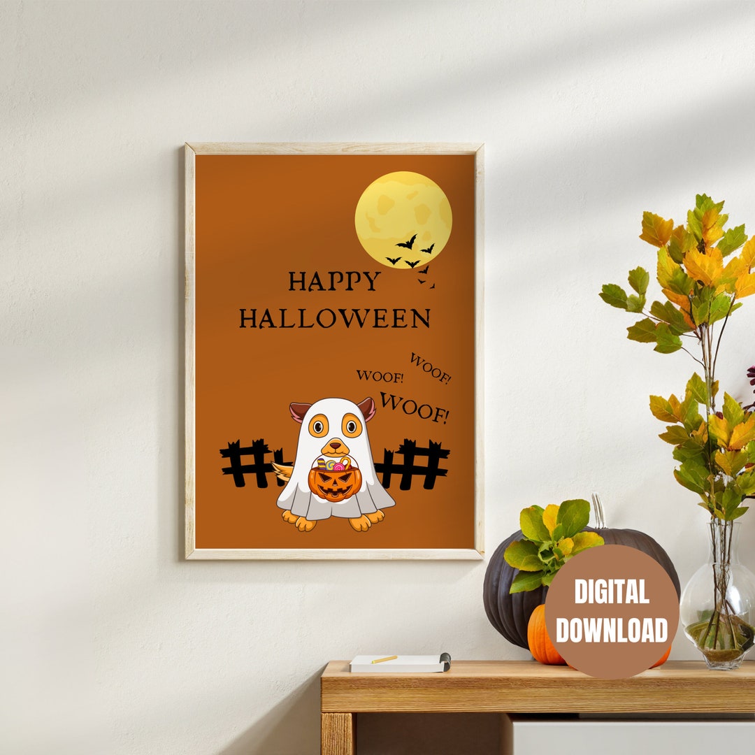 Printable Halloween Dog Poster, Orange, Ghost Costume Dogs, Trick or ...