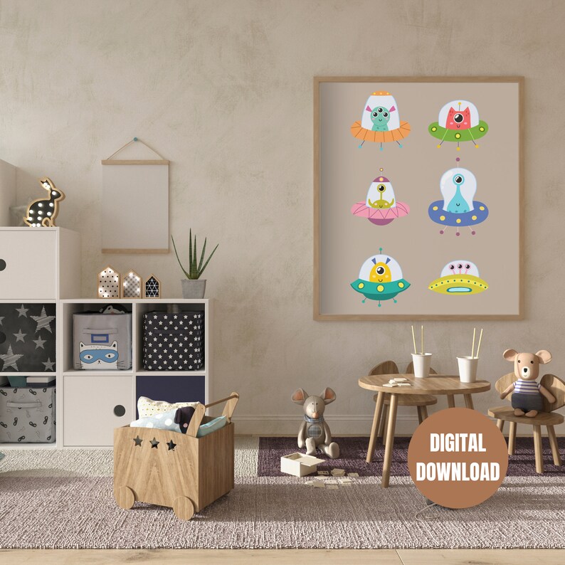 Printable Cute Alien Spaceship Poster, Outer Space Print, Little Aliens ...