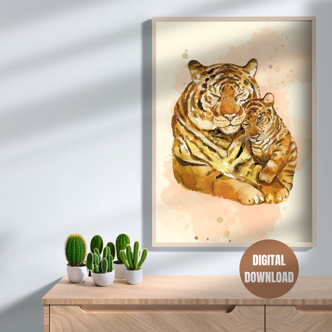 Printable Cute Minimal Tiger Family Poster, Watercolor Baby Cub, Home ...
