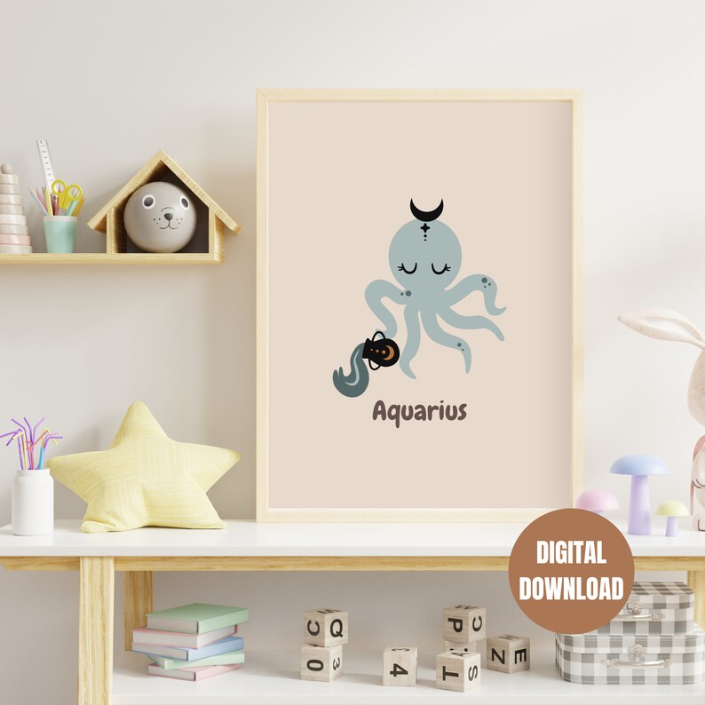 Printable Aquarius Zodiac Sign Poster - Neutral Nursery, Kids Room Star ...