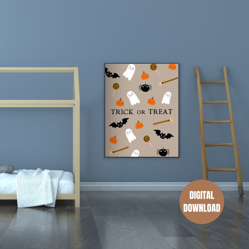 Printable Trick or Treat Poster, Halloween, Ghost, Pumpkin, Bat, Spider ...