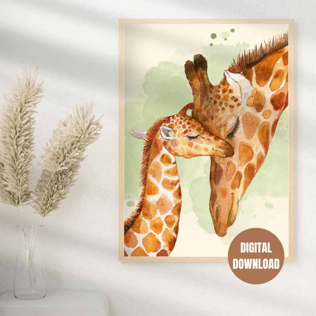 Printable Minimal Giraffe Family Poster, Watercolor, Baby Giraffe, Cute ...