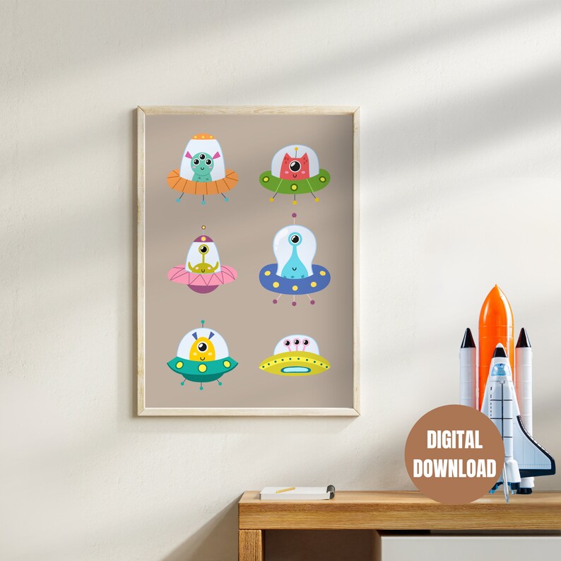 Printable Cute Alien Spaceship Poster, Outer Space Print, Little Aliens ...