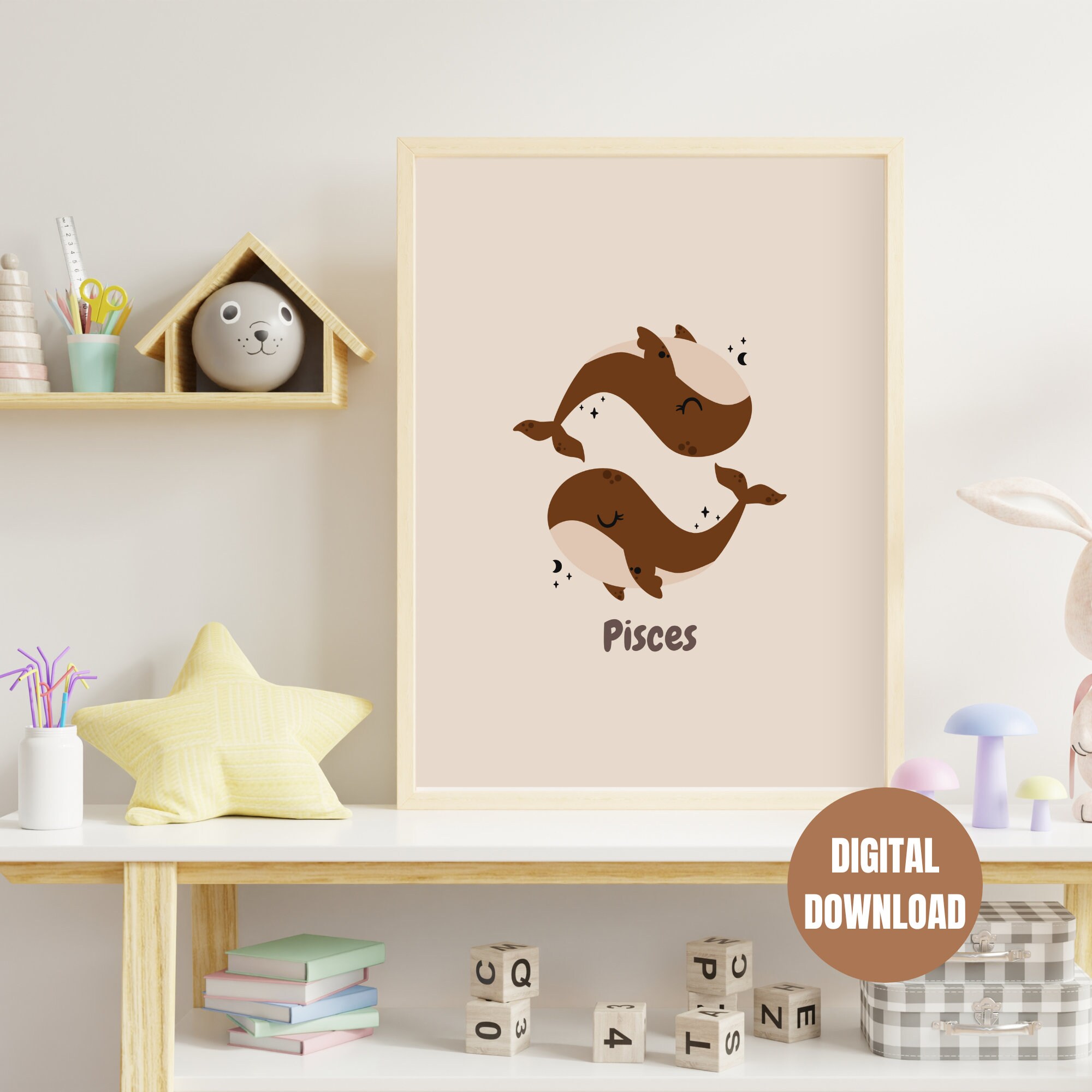 Printable Pisces Zodiac Sign Poster - Neutral Nursery, Kids Room Star ...