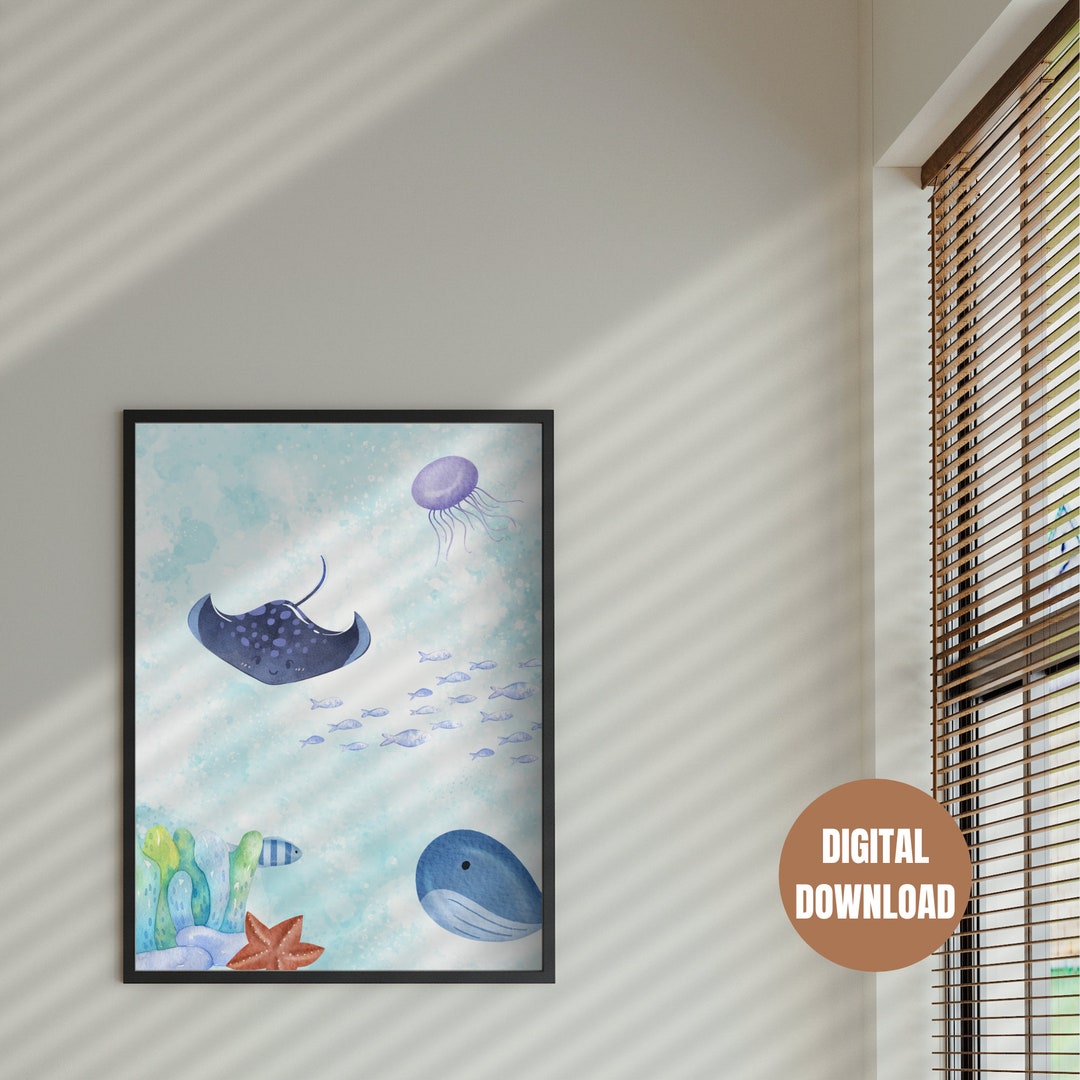 Printable Ocean Animals Poster Kids Room - Ocean, Fish, Whale, Stingray ...