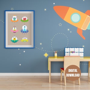 Printable Cute Alien Spaceship Poster, Outer Space Print, Little Aliens ...