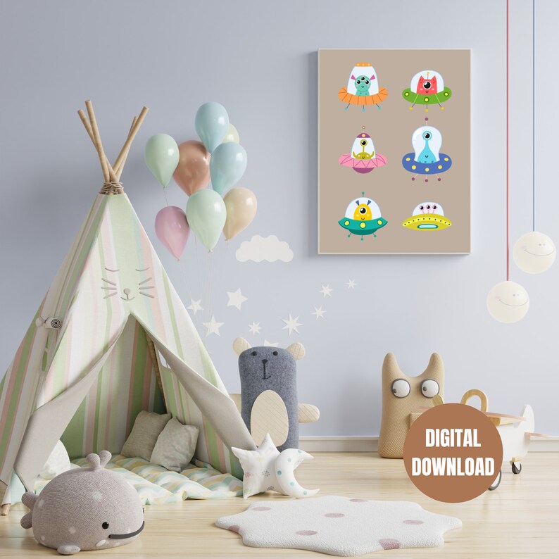 Printable Cute Alien Spaceship Poster, Outer Space Print, Little Aliens ...