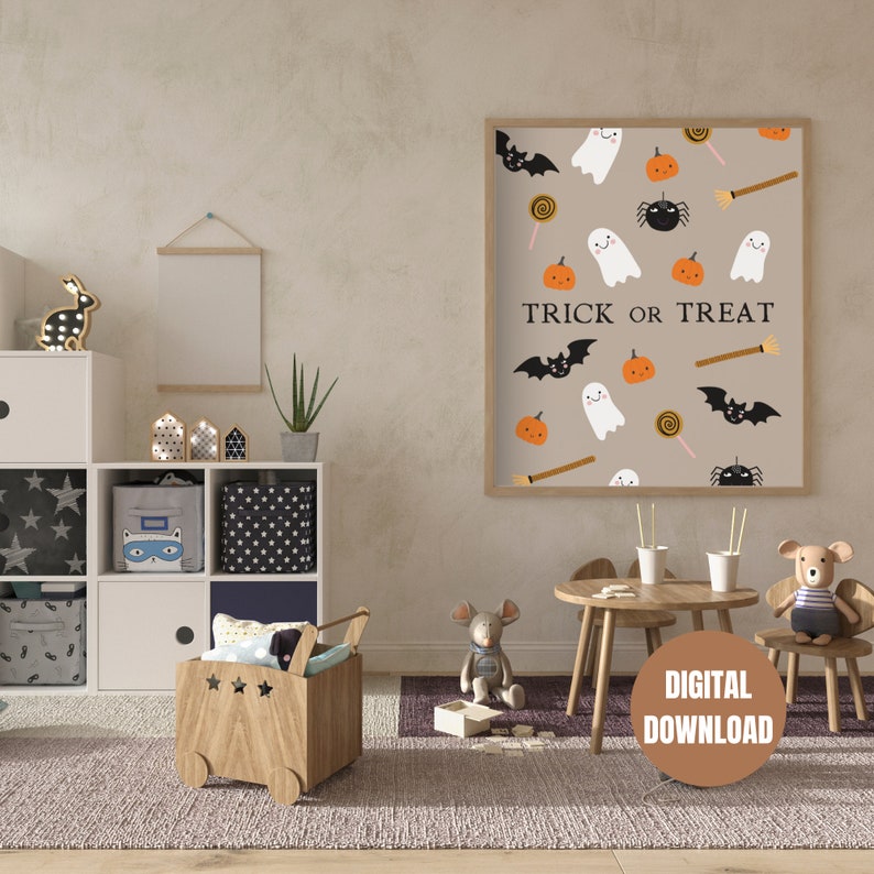 Printable Trick or Treat Poster, Halloween, Ghost, Pumpkin, Bat, Spider ...