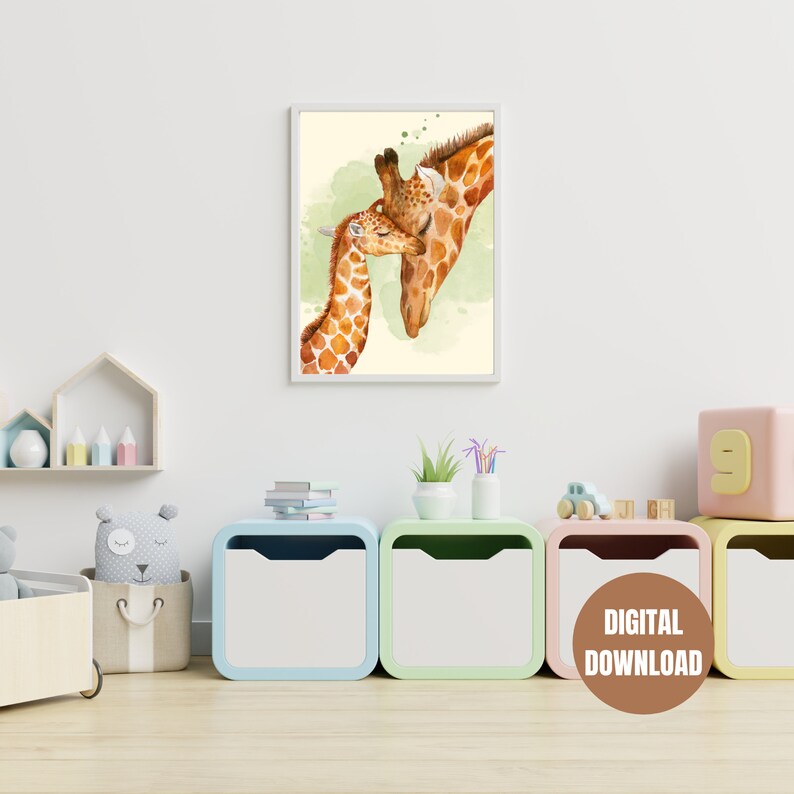 Printable Minimal Giraffe Family Poster, Watercolor, Baby Giraffe, Cute ...