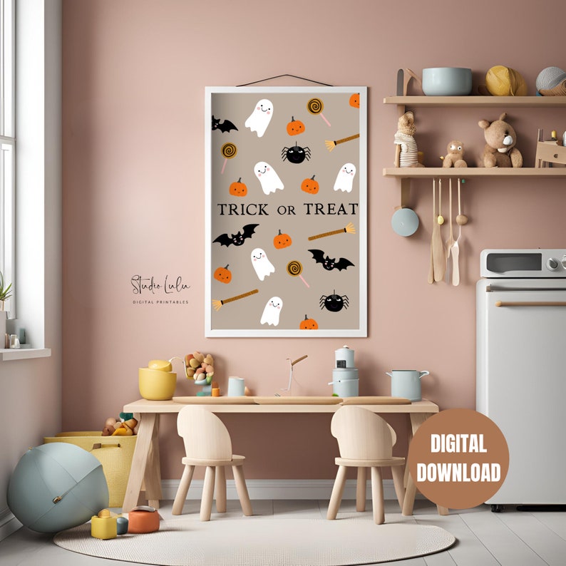 Printable Trick or Treat Poster, Halloween, Ghost, Pumpkin, Bat, Spider ...