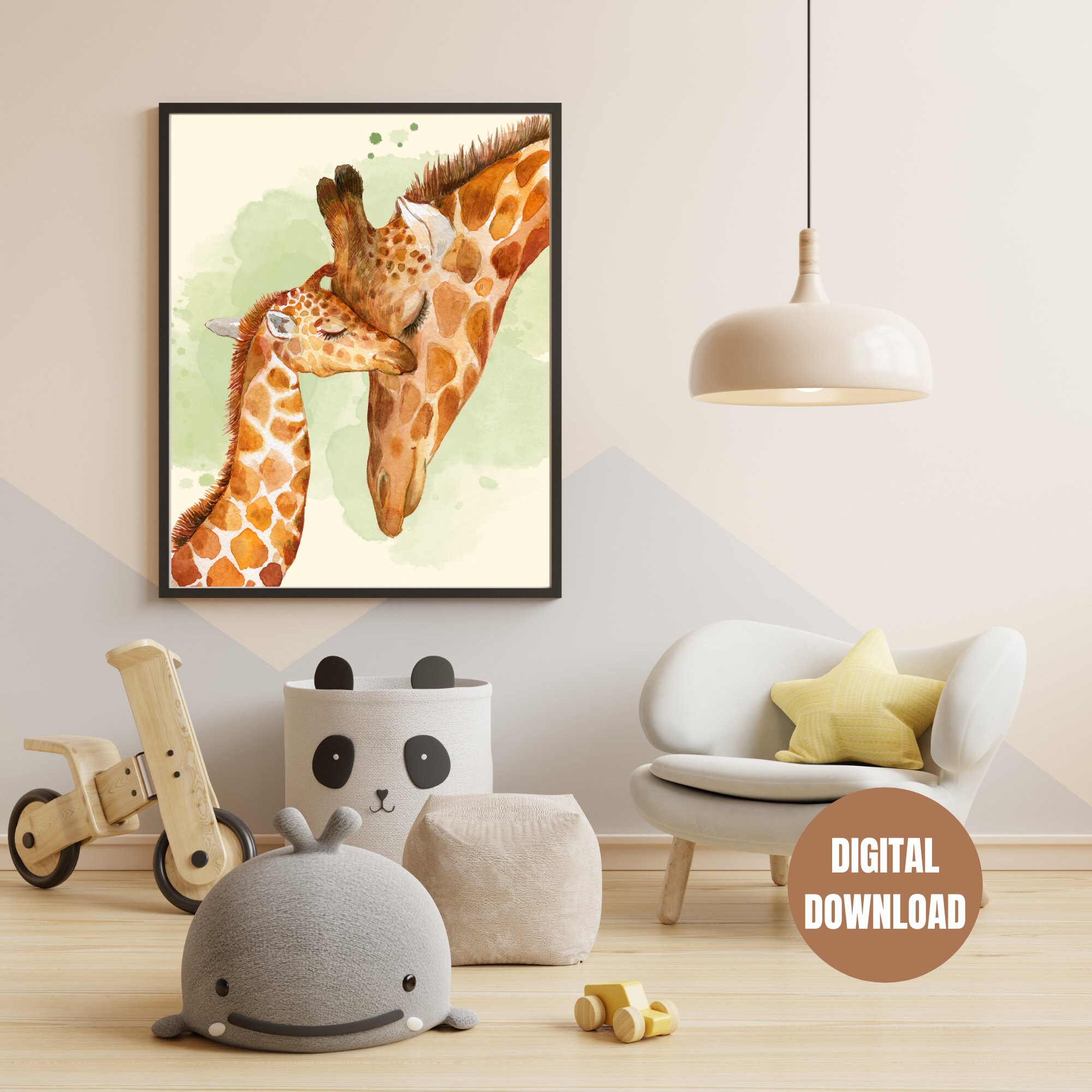 Printable Minimal Giraffe Family Poster, Watercolor, Baby Giraffe, Cute ...