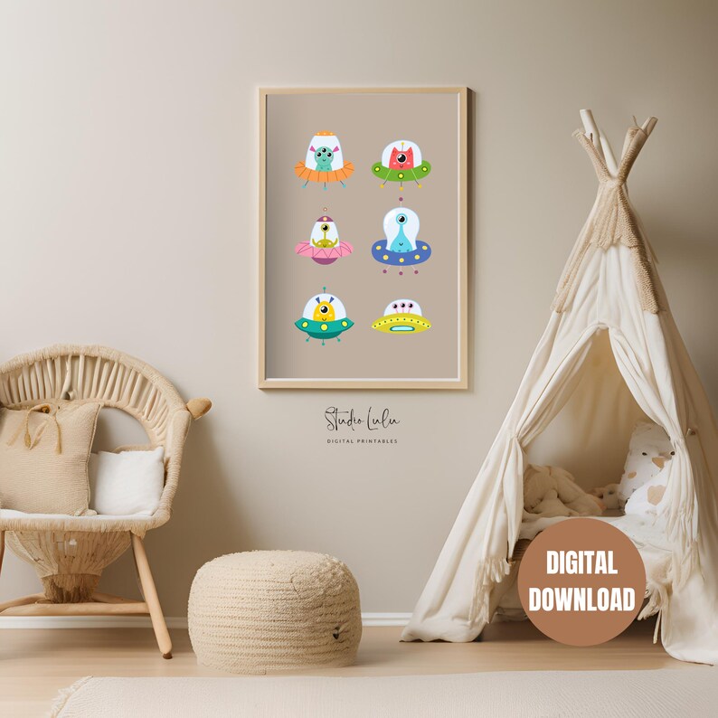 Printable Cute Alien Spaceship Poster, Outer Space Print, Little Aliens ...
