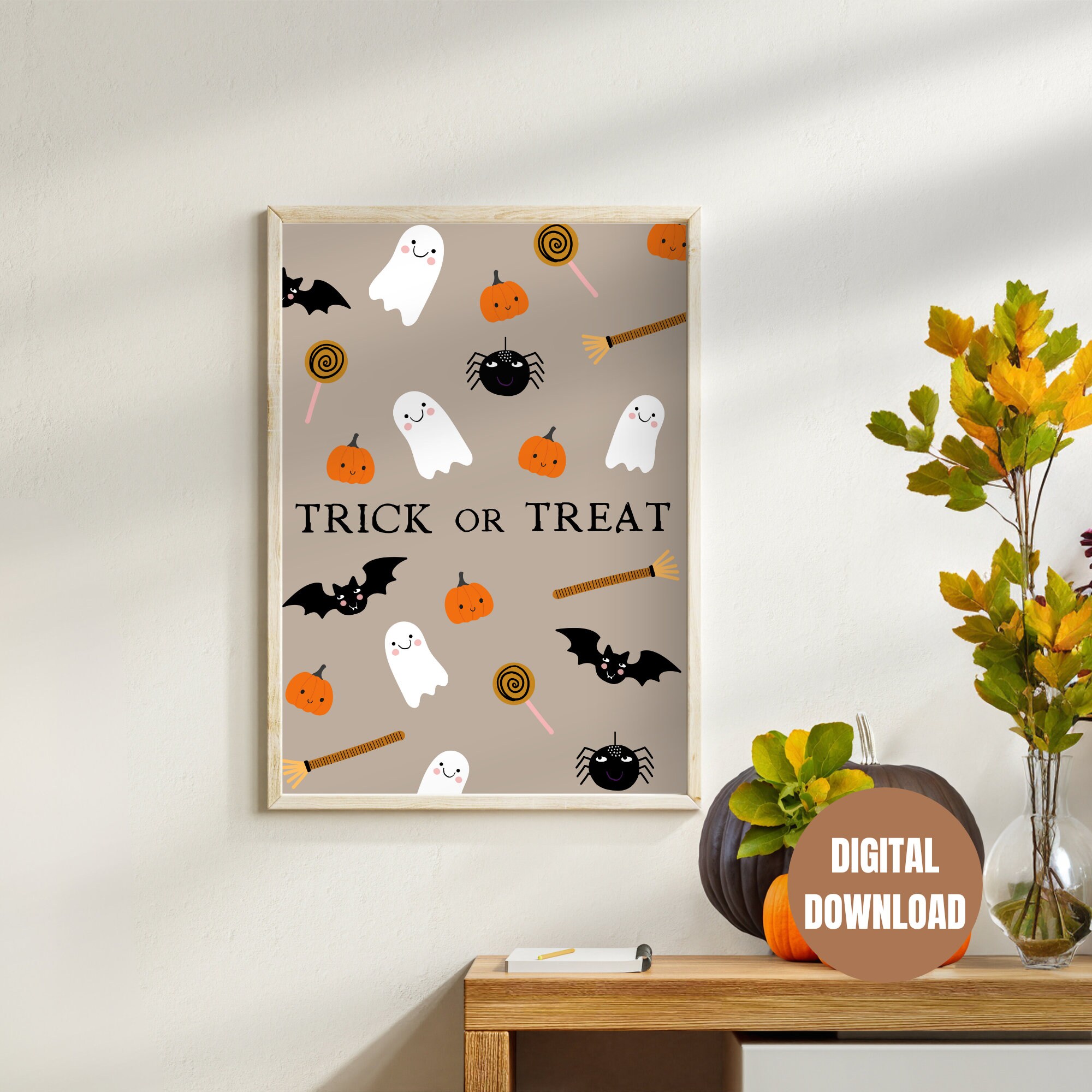 Printable Trick or Treat Poster, Halloween, Ghost, Pumpkin, Bat, Spider ...