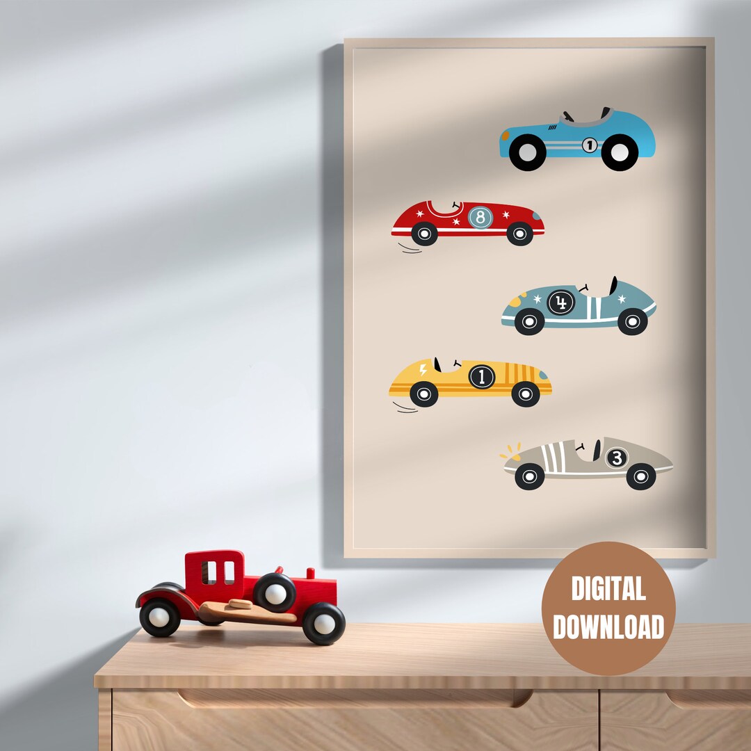 Printable Vintage Race Cars Print, Kids Room, Racing, Race Illustration ...