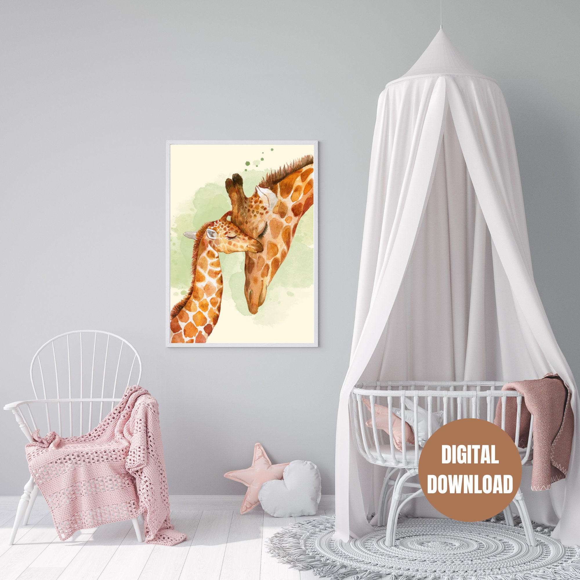 Printable Minimal Giraffe Family Poster, Watercolor, Baby Giraffe, Cute ...