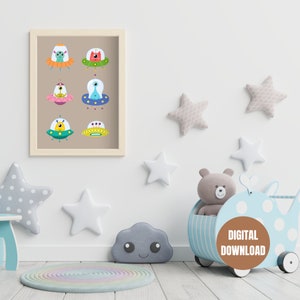 Printable Cute Alien Spaceship Poster, Outer Space Print, Little Aliens ...