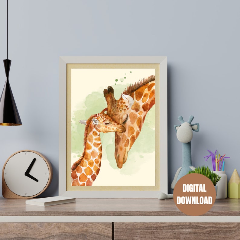 Printable Minimal Giraffe Family Poster, Watercolor, Baby Giraffe, Cute ...