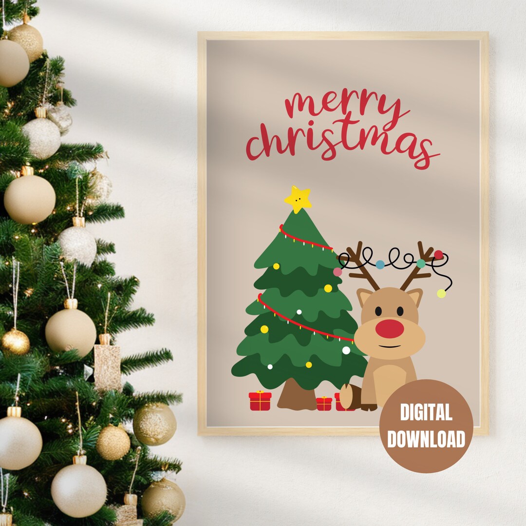 Printable Minimal Christmas Poster for Kids Room - Cute Tree & Reindeer ...
