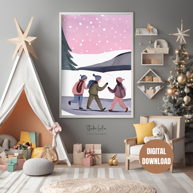 Printable Nostalgic Winter Poster for Kids Room - Kids in Snow ...