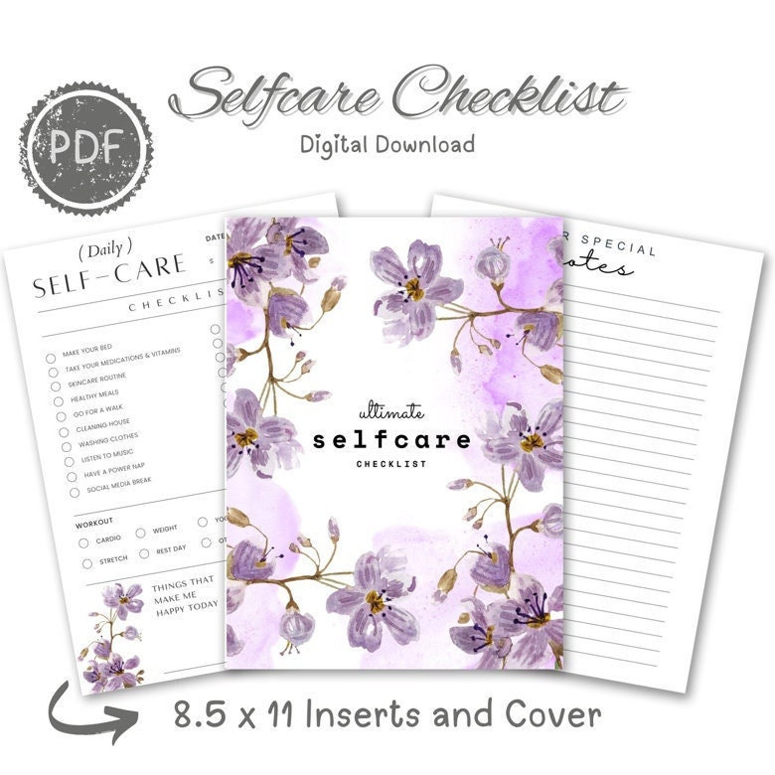 PRINTABLE Purple Flowers Selfcare Checklist Planner Inserts - Etsy