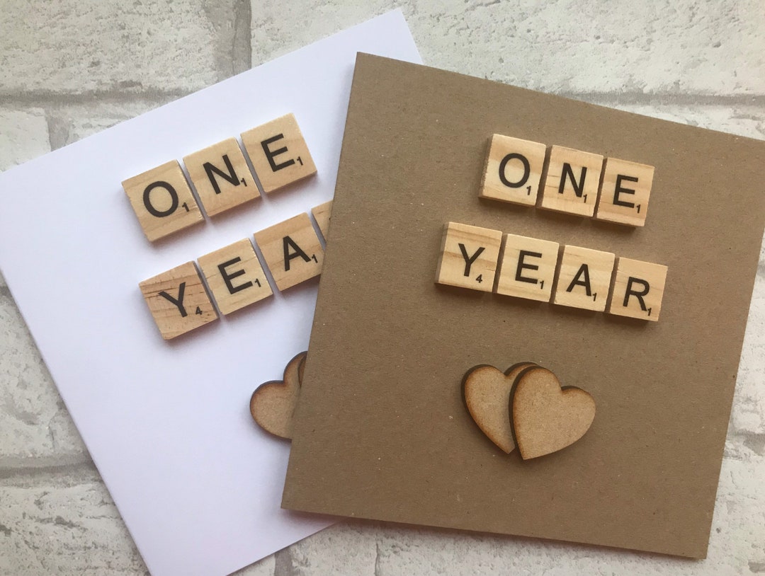 Handmade 1st Anniversary Card, Scrabble Tile & Wooden Hearts - Etsy UK