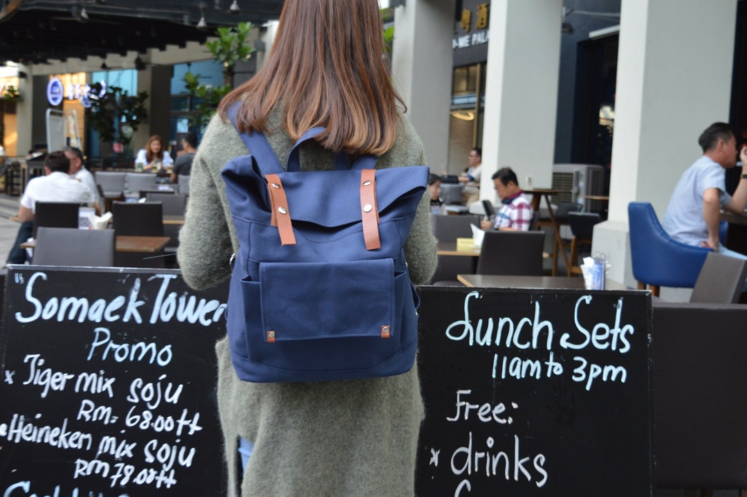 Indigo Blue Travel Roll Top Backpack: College Waxed Canvas & Leather ...